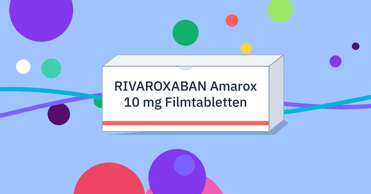 Symbolbild: Packung mit der Aufschrift RIVAROXABAN Amarox 10 mg Filmtabletten (PZN 19148722) – Verfügbarkeit und Bezug in Apotheken in Frankfurt am Main