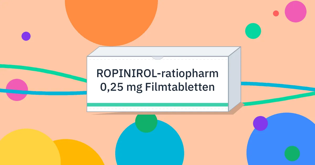 Symbolbild: Packung mit der Aufschrift ROPINIROL-ratiopharm 0,25 mg Filmtabletten (PZN 03391662) – Verfügbarkeit und Bezug in Apotheken in Frankfurt am Main