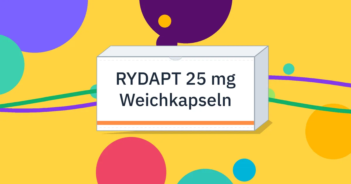 Symbolbild: Packung mit der Aufschrift RYDAPT 25 mg Weichkapseln (PZN 12673158) – Verfügbarkeit und Bezug in Apotheken in Frankfurt am Main