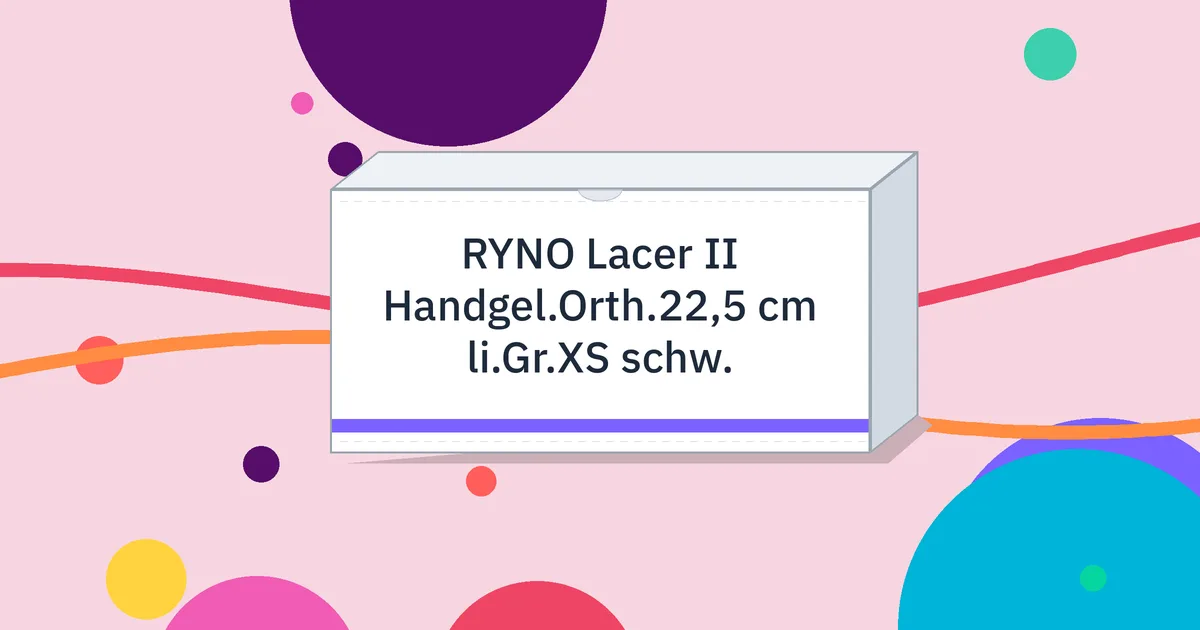 Symbolbild: Packung mit der Aufschrift RYNO Lacer II Handgel.Orth.22,5 cm li.Gr.XS schw. (PZN 14048594) – Verfügbarkeit und Bezug in Apotheken in Frankfurt am Main