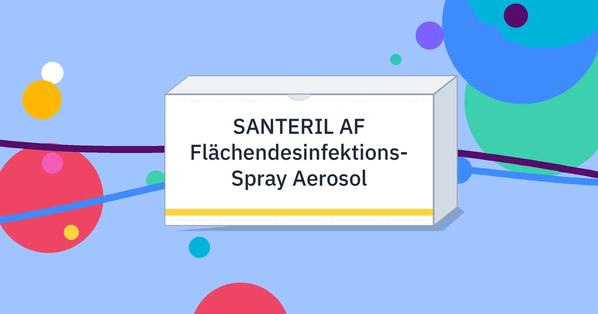 Symbolbild: Packung mit der Aufschrift SANTERIL AF Flächendesinfektions-Spray Aerosol (PZN 16802782) – Verfügbarkeit und Bezug in Apotheken in Frankfurt am Main