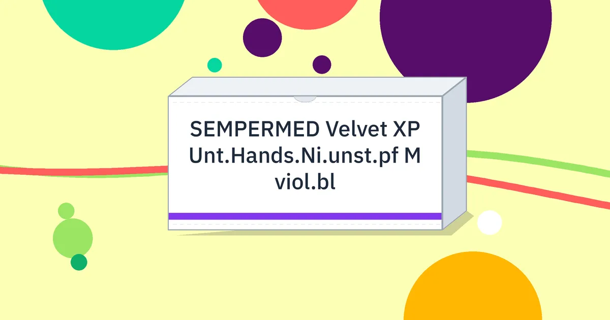 Symbolbild: Packung mit der Aufschrift SEMPERMED Velvet XP Unt.Hands.Ni.unst.pf M viol.bl (PZN 19971232) – Verfügbarkeit und Bezug in Apotheken in Frankfurt am Main