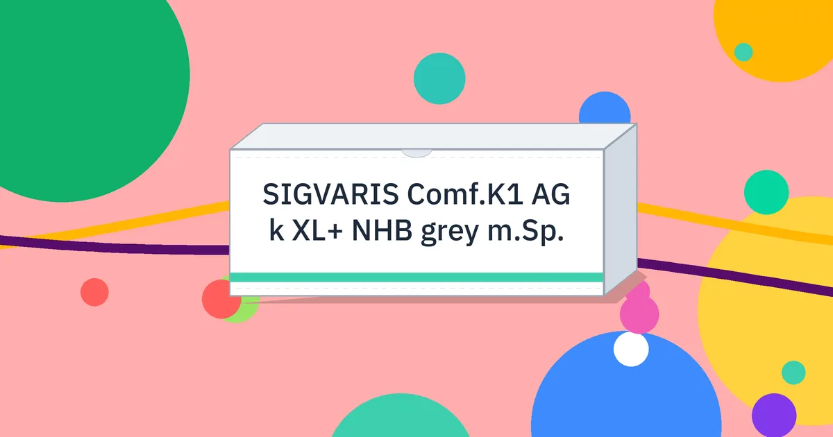 Symbolbild: Packung mit der Aufschrift SIGVARIS Comf.K1 AG k XL+ NHB grey m.Sp. (PZN 17096783) – Verfügbarkeit und Bezug in Apotheken in Frankfurt am Main