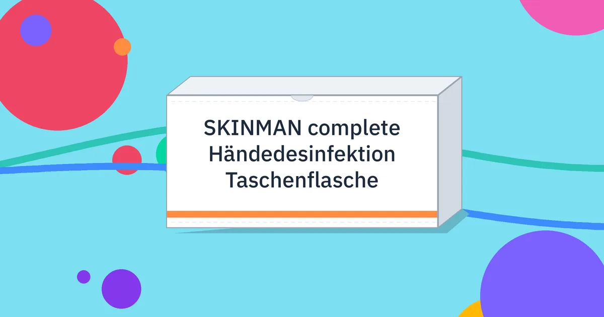 Symbolbild: Packung mit der Aufschrift SKINMAN complete Händedesinfektion Taschenflasche (PZN 09476164) – Verfügbarkeit und Bezug in Apotheken in Frankfurt am Main