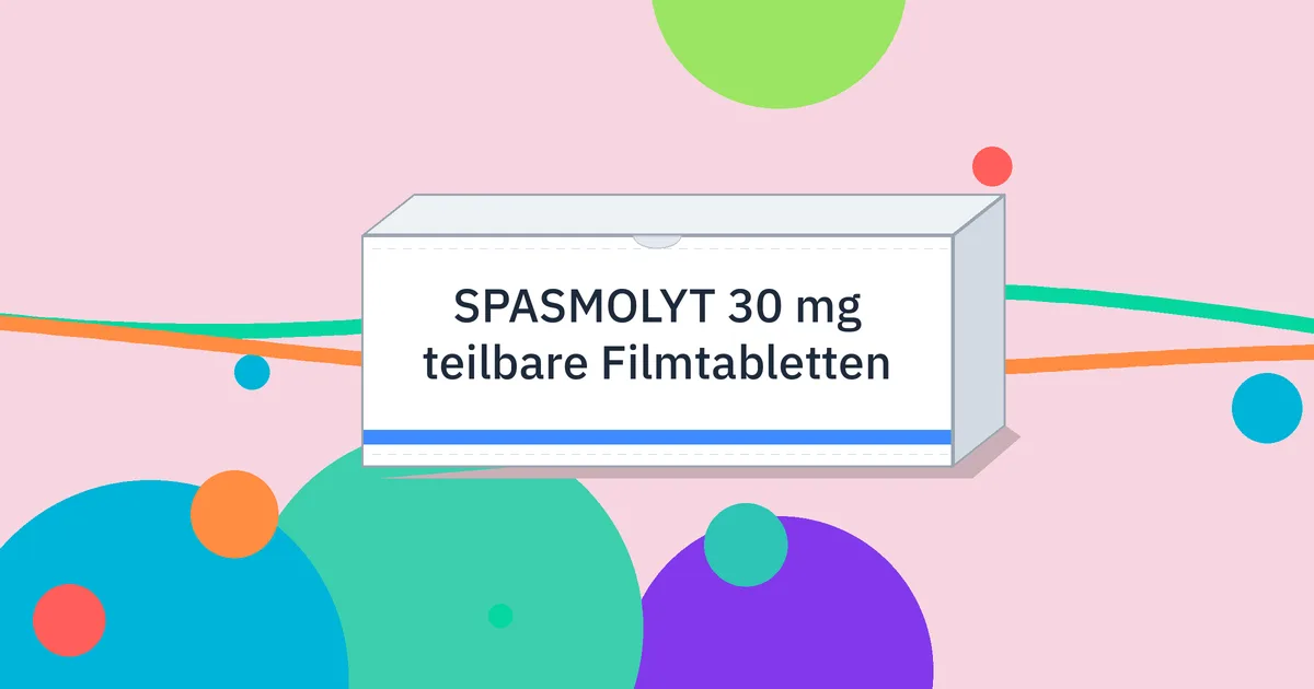 Symbolbild: Packung mit der Aufschrift SPASMOLYT 30 mg teilbare Filmtabletten (PZN 05465241) – Verfügbarkeit und Bezug in Apotheken in Frankfurt am Main