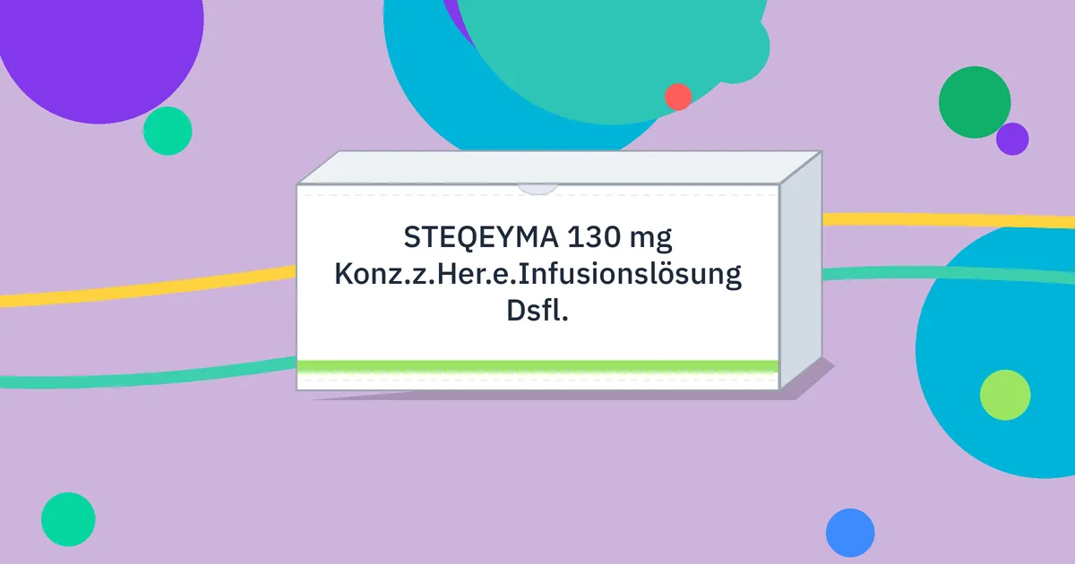 Symbolbild: Packung mit der Aufschrift STEQEYMA 130 mg Konz.z.Her.e.Infusionslösung Dsfl. (PZN 19659931) – Verfügbarkeit und Bezug in Apotheken in Frankfurt am Main