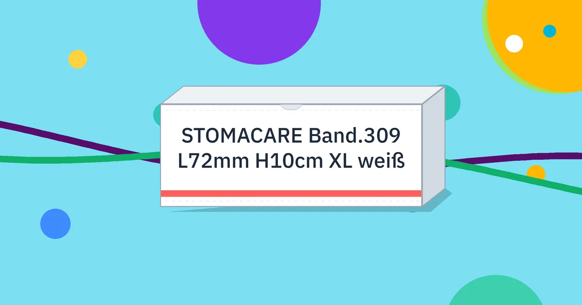 Symbolbild: Packung mit der Aufschrift STOMACARE Band.309 L72mm H10cm XL weiß (PZN 03415753) – Verfügbarkeit und Bezug in Apotheken in Frankfurt am Main