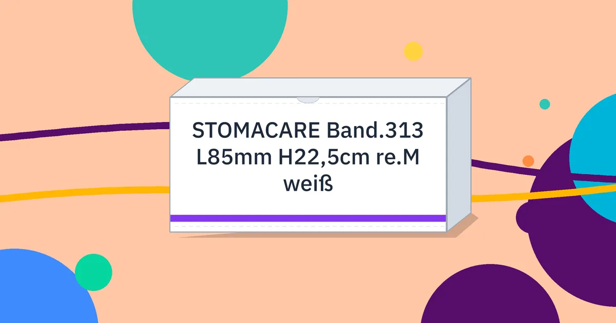 Symbolbild: Packung mit der Aufschrift STOMACARE Band.313 L85mm H22,5cm re.M weiß (PZN 09436928) – Verfügbarkeit und Bezug in Apotheken in Frankfurt am Main
