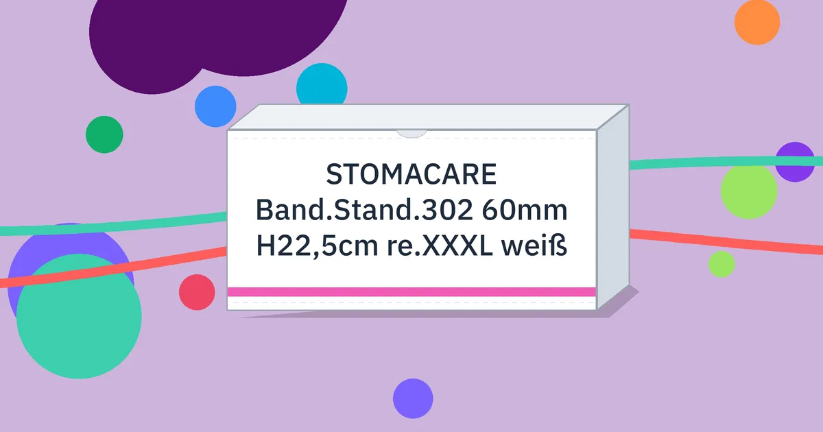 Symbolbild: Packung mit der Aufschrift STOMACARE Band.Stand.302 60mm H22,5cm re.XXXL weiß (PZN 01053487) – Verfügbarkeit und Bezug in Apotheken in Frankfurt am Main