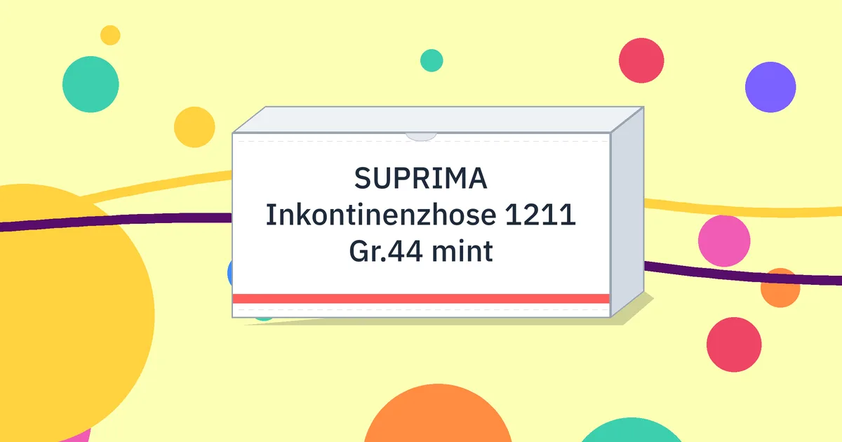 Symbolbild: Packung mit der Aufschrift SUPRIMA Inkontinenzhose 1211 Gr.44 mint (PZN 07632803) – Verfügbarkeit und Bezug in Apotheken in Frankfurt am Main