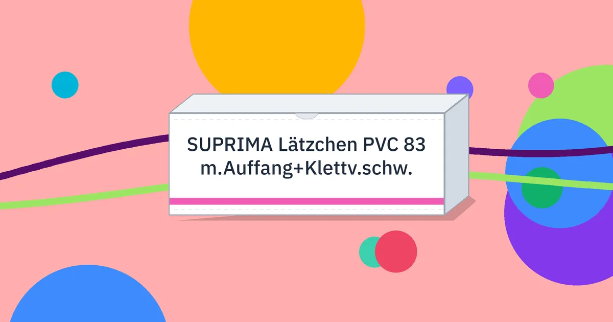 Symbolbild: Packung mit der Aufschrift SUPRIMA Lätzchen PVC 83 m.Auffang+Klettv.schw. (PZN 00585839) – Verfügbarkeit und Bezug in Apotheken in Frankfurt am Main