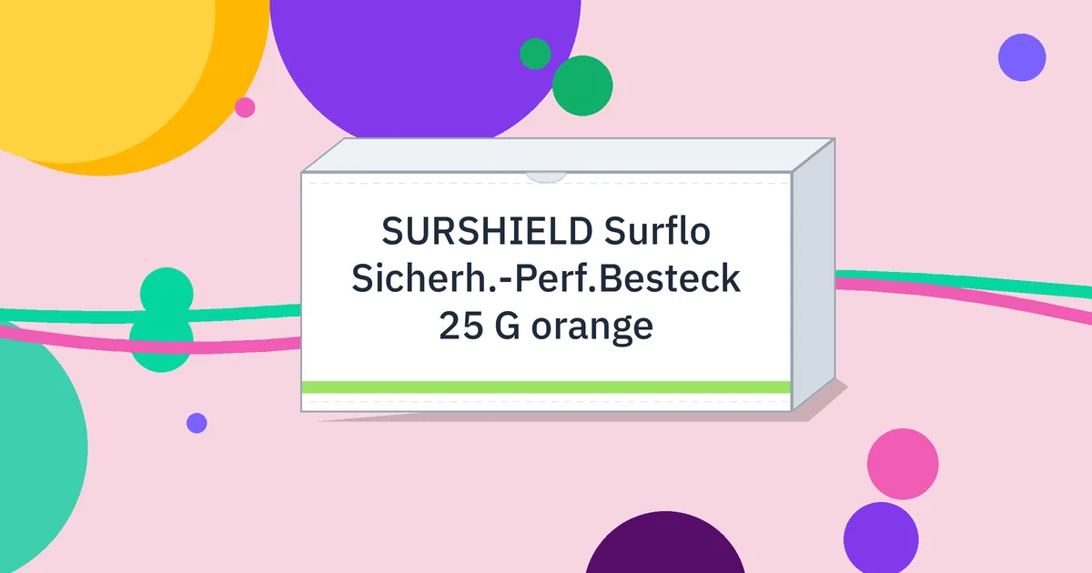 Symbolbild: Packung mit der Aufschrift SURSHIELD Surflo Sicherh.-Perf.Besteck 25 G orange (PZN 03043688) – Verfügbarkeit und Bezug in Apotheken in Frankfurt am Main