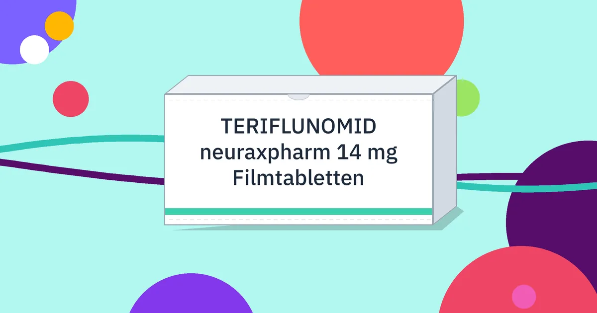 Symbolbild: Packung mit der Aufschrift TERIFLUNOMID neuraxpharm 14 mg Filmtabletten (PZN 06707309) – Verfügbarkeit und Bezug in Apotheken in Frankfurt am Main