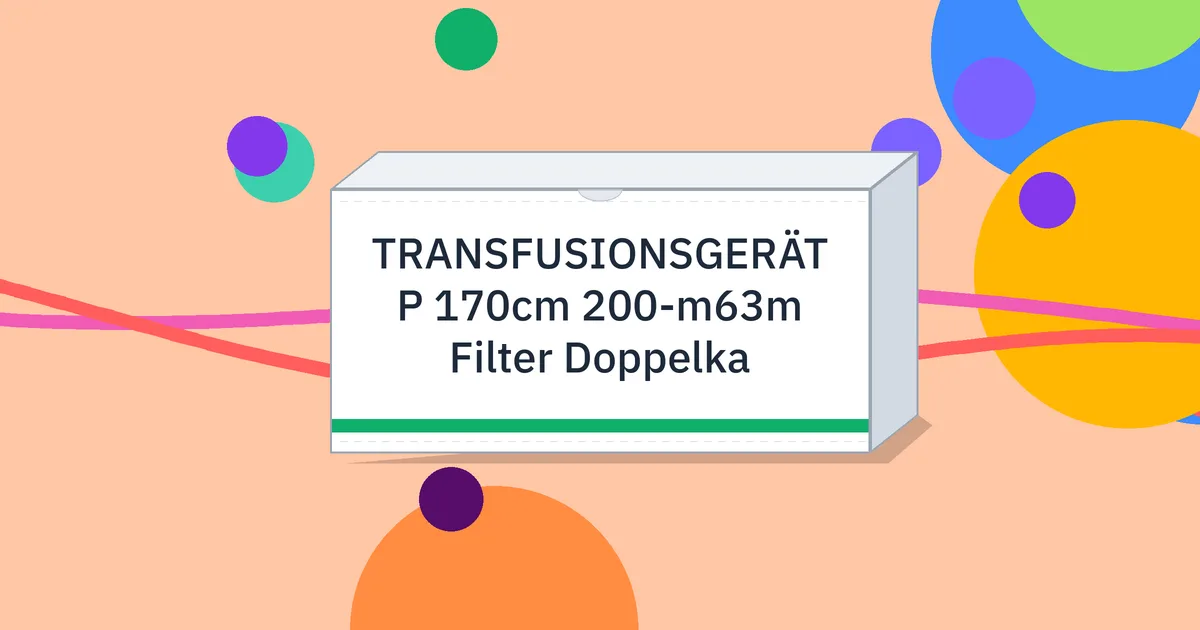 Symbolbild: Packung mit der Aufschrift TRANSFUSIONSGERÄT P 170cm 200-m63m Filter Doppelka (PZN 17486656) – Verfügbarkeit und Bezug in Apotheken in Frankfurt am Main