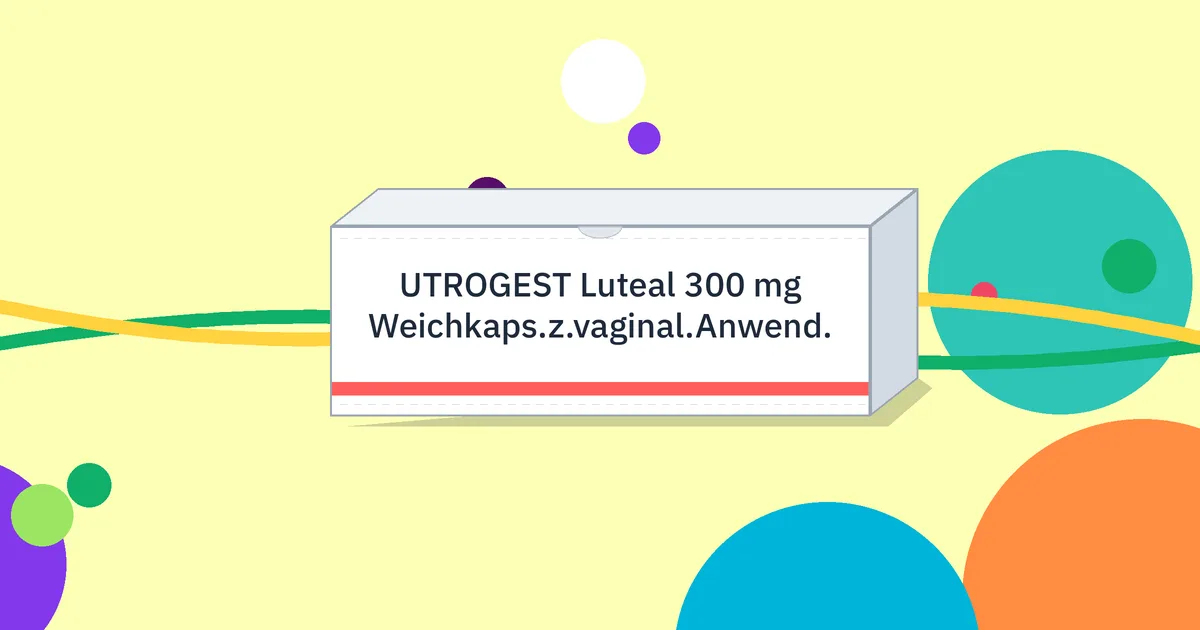 Symbolbild: Packung mit der Aufschrift UTROGEST Luteal 300 mg Weichkaps.z.vaginal.Anwend. (PZN 19543542) – Verfügbarkeit und Bezug in Apotheken in Frankfurt am Main