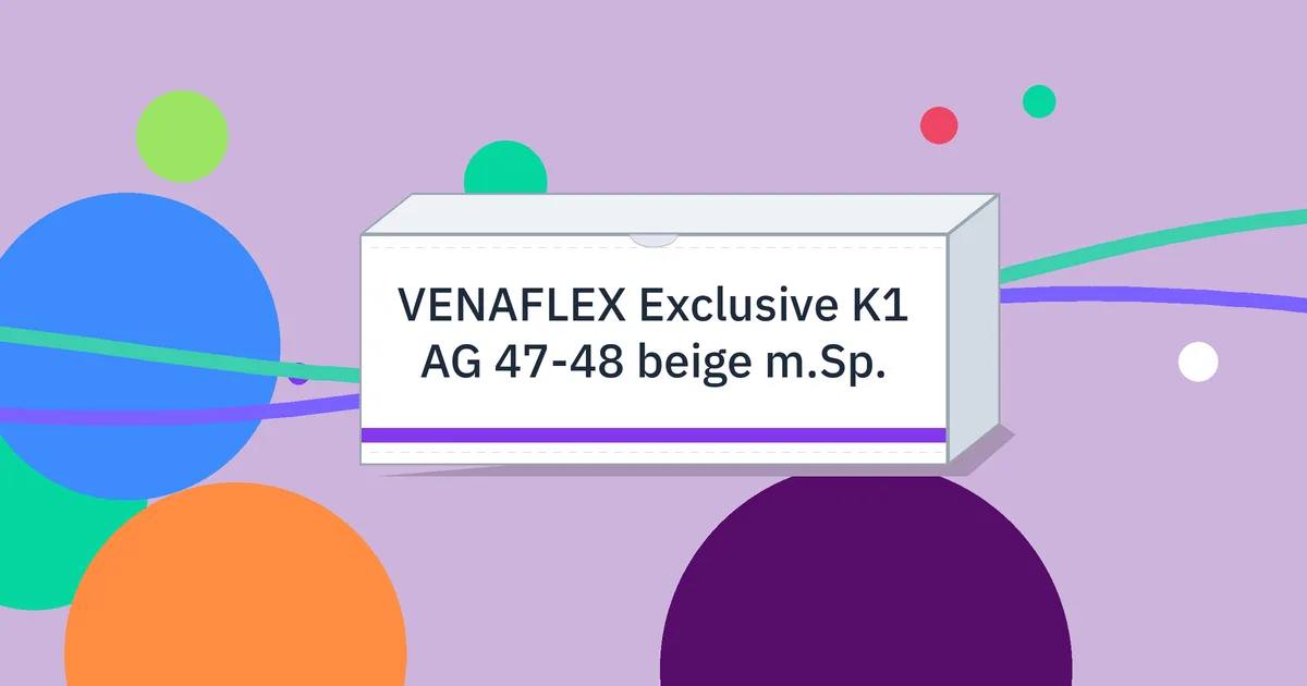 Symbolbild: Packung mit der Aufschrift VENAFLEX Exclusive K1 AG 47-48 beige m.Sp. (PZN 18309152) – Verfügbarkeit und Bezug in Apotheken in Frankfurt am Main