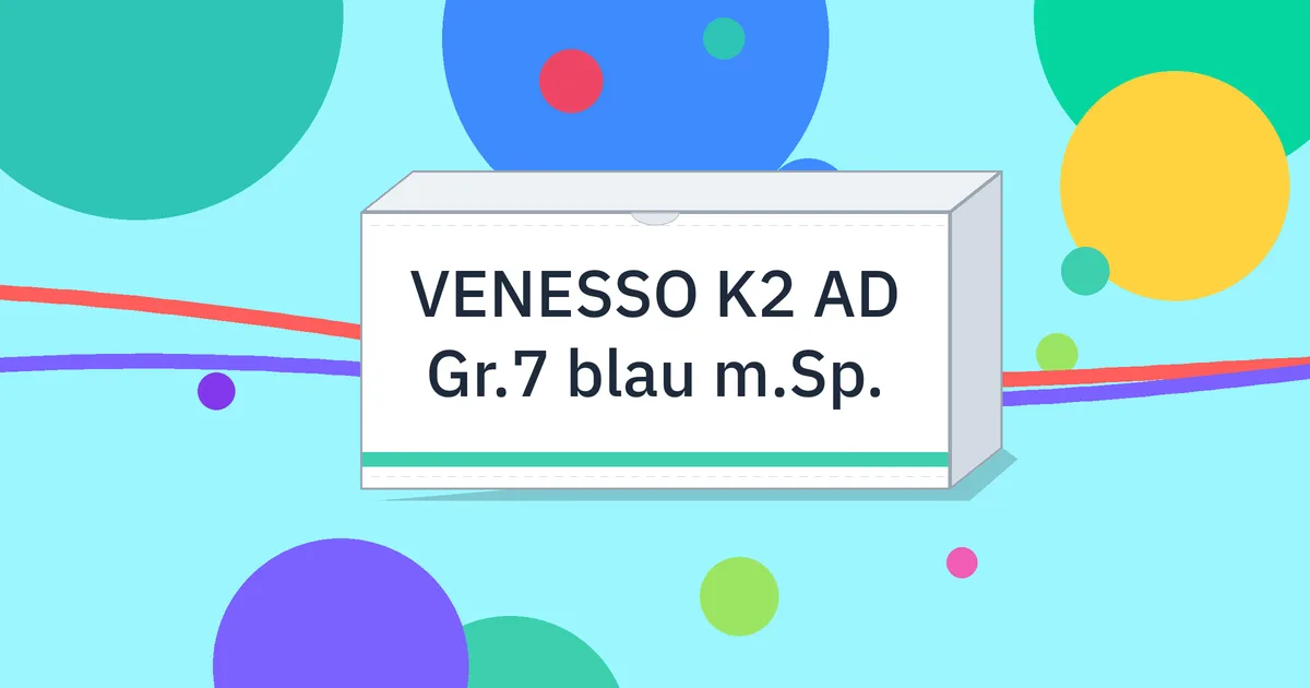 Symbolbild: Packung mit der Aufschrift VENESSO K2 AD Gr.7 blau m.Sp. (PZN 03258957) – Verfügbarkeit und Bezug in Apotheken in Frankfurt am Main