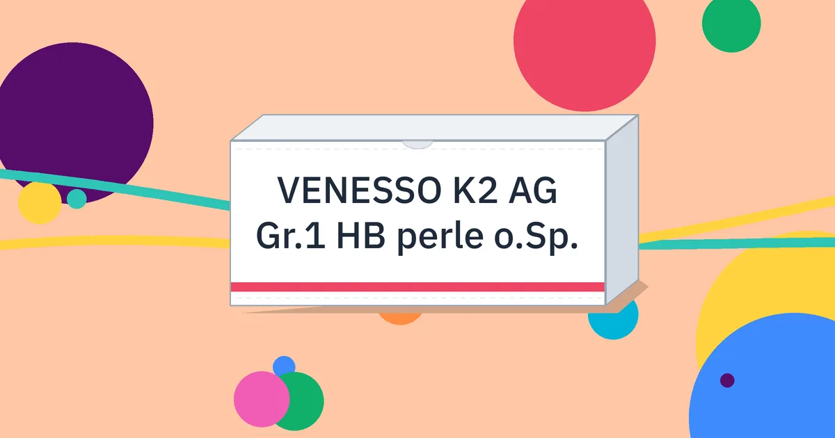 Symbolbild: Packung mit der Aufschrift VENESSO K2 AG Gr.1 HB perle o.Sp. (PZN 03264917) – Verfügbarkeit und Bezug in Apotheken in Frankfurt am Main
