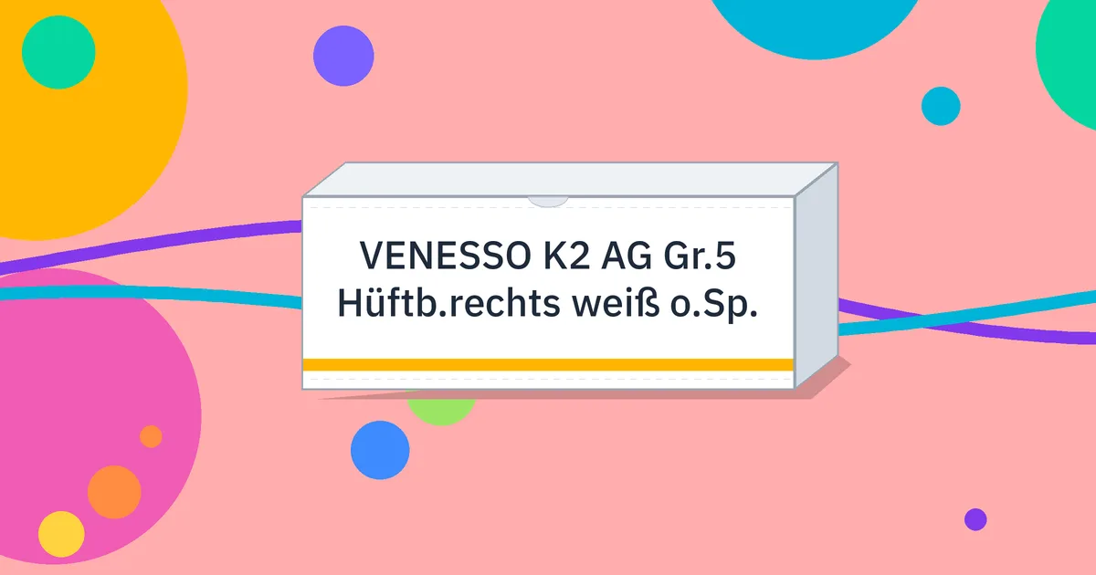 Symbolbild: Packung mit der Aufschrift VENESSO K2 AG Gr.5 Hüftb.rechts weiß o.Sp. (PZN 03272093) – Verfügbarkeit und Bezug in Apotheken in Frankfurt am Main