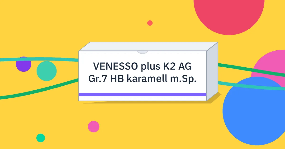 Symbolbild: Packung mit der Aufschrift VENESSO plus K2 AG Gr.7 HB karamell m.Sp. (PZN 13763366) – Verfügbarkeit und Bezug in Apotheken in Frankfurt am Main