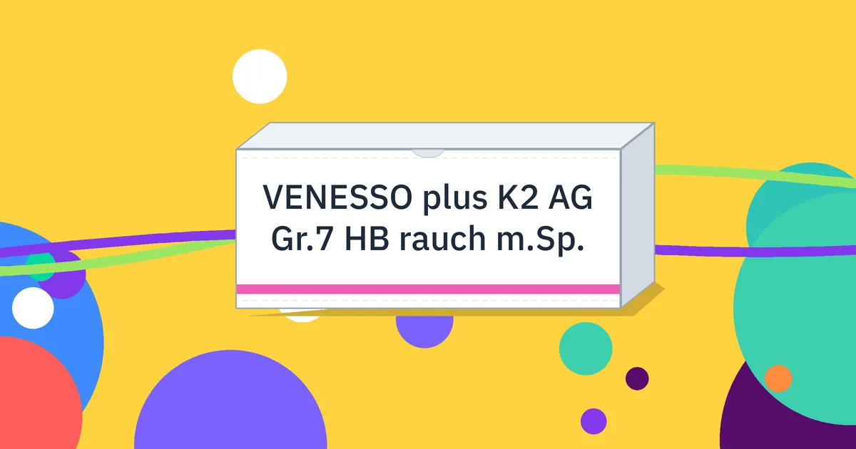 Symbolbild: Packung mit der Aufschrift VENESSO plus K2 AG Gr.7 HB rauch m.Sp. (PZN 03293385) – Verfügbarkeit und Bezug in Apotheken in Frankfurt am Main