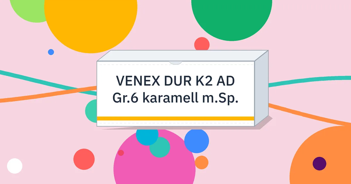 Symbolbild: Packung mit der Aufschrift VENEX DUR K2 AD Gr.6 karamell m.Sp. (PZN 13757408) – Verfügbarkeit und Bezug in Apotheken in Frankfurt am Main