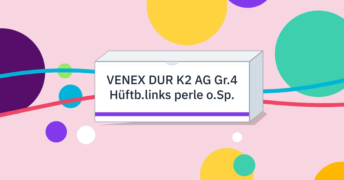 Symbolbild: Packung mit der Aufschrift VENEX DUR K2 AG Gr.4 Hüftb.links perle o.Sp. (PZN 03231119) – Verfügbarkeit und Bezug in Apotheken in Frankfurt am Main