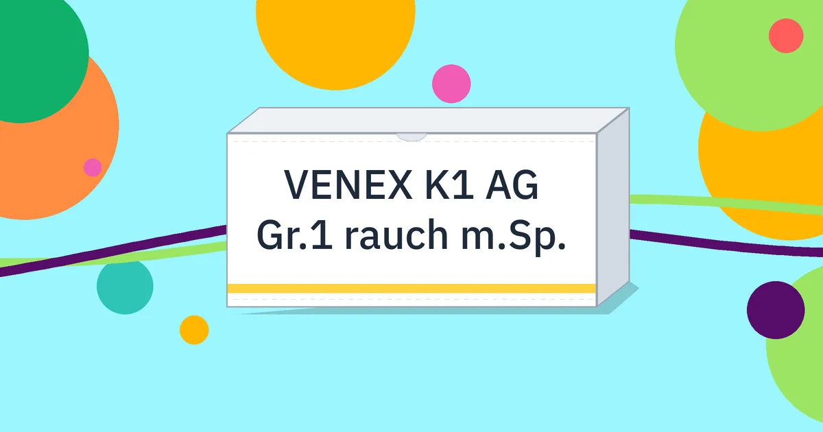 Symbolbild: Packung mit der Aufschrift VENEX K1 AG Gr.1 rauch m.Sp. (PZN 03186666) – Verfügbarkeit und Bezug in Apotheken in Frankfurt am Main