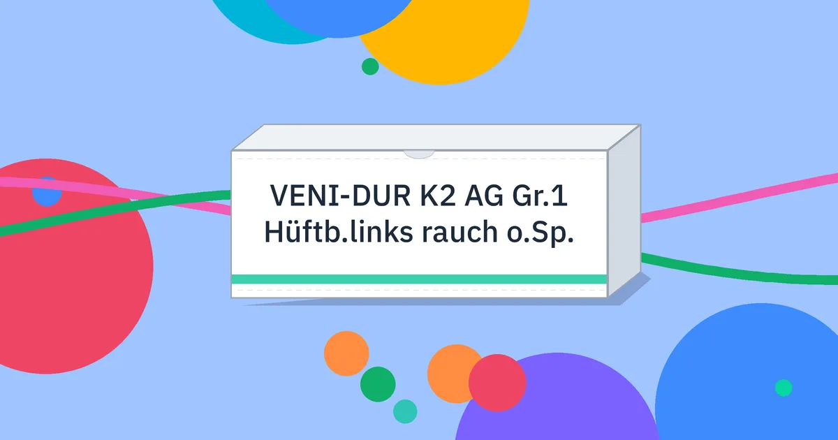 Symbolbild: Packung mit der Aufschrift VENI-DUR K2 AG Gr.1 Hüftb.links rauch o.Sp. (PZN 03253049) – Verfügbarkeit und Bezug in Apotheken in Frankfurt am Main