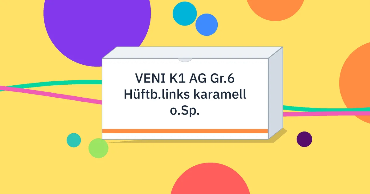 Symbolbild: Packung mit der Aufschrift VENI K1 AG Gr.6 Hüftb.links karamell o.Sp. (PZN 13760310) – Verfügbarkeit und Bezug in Apotheken in Frankfurt am Main