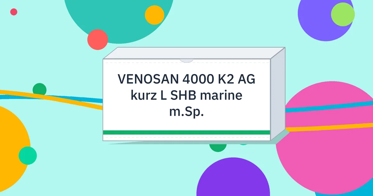 Symbolbild: Packung mit der Aufschrift VENOSAN 4000 K2 AG kurz L SHB marine m.Sp. (PZN 16602333) – Verfügbarkeit und Bezug in Apotheken in Frankfurt am Main