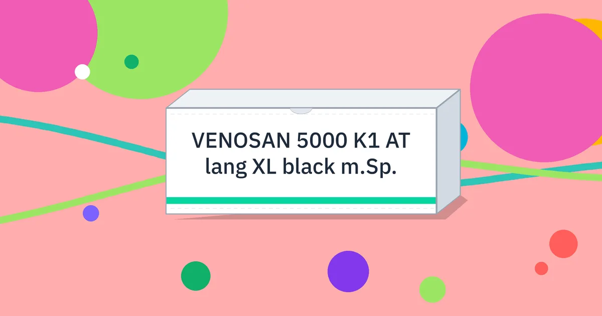 Symbolbild: Packung mit der Aufschrift VENOSAN 5000 K1 AT lang XL black m.Sp. (PZN 14432803) – Verfügbarkeit und Bezug in Apotheken in Frankfurt am Main