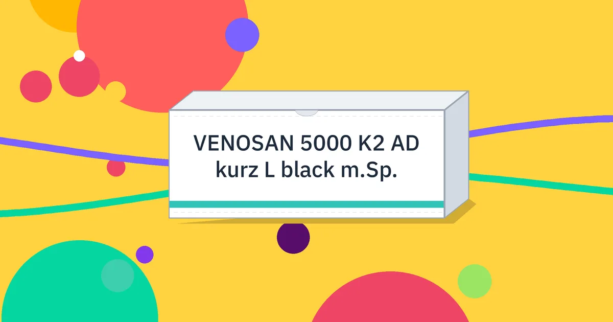 Symbolbild: Packung mit der Aufschrift VENOSAN 5000 K2 AD kurz L black m.Sp. (PZN 14433234) – Verfügbarkeit und Bezug in Apotheken in Frankfurt am Main