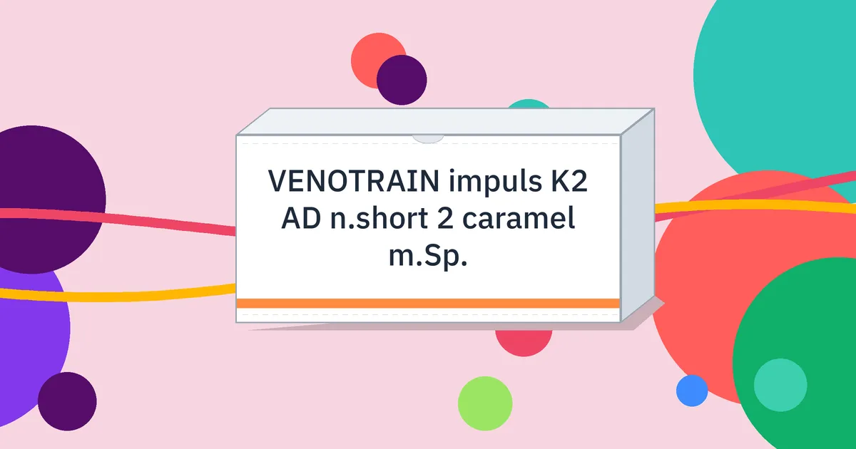 Symbolbild: Packung mit der Aufschrift VENOTRAIN impuls K2 AD n.short 2 caramel m.Sp. (PZN 00608167) – Verfügbarkeit und Bezug in Apotheken in Frankfurt am Main