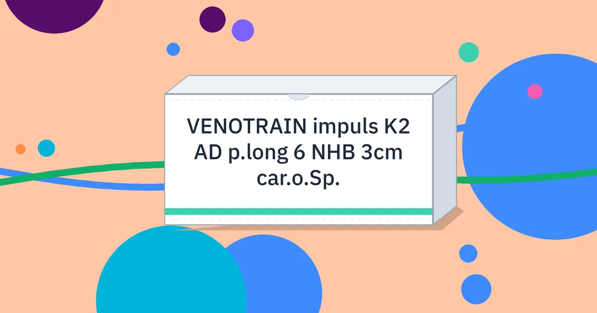 Symbolbild: Packung mit der Aufschrift VENOTRAIN impuls K2 AD p.long 6 NHB 3cm car.o.Sp. (PZN 08434057) – Verfügbarkeit und Bezug in Apotheken in Frankfurt am Main