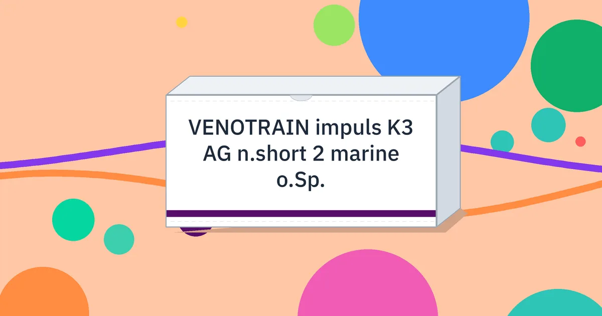 Symbolbild: Packung mit der Aufschrift VENOTRAIN impuls K3 AG n.short 2 marine o.Sp. (PZN 15213115) – Verfügbarkeit und Bezug in Apotheken in Frankfurt am Main