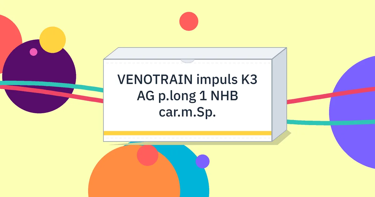 Symbolbild: Packung mit der Aufschrift VENOTRAIN impuls K3 AG p.long 1 NHB car.m.Sp. (PZN 00521779) – Verfügbarkeit und Bezug in Apotheken in Frankfurt am Main