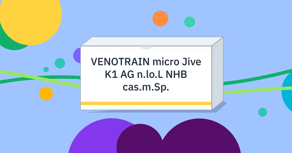 Symbolbild: Packung mit der Aufschrift VENOTRAIN micro Jive K1 AG n.lo.L NHB cas.m.Sp. (PZN 20767459) – Verfügbarkeit und Bezug in Apotheken in Frankfurt am Main