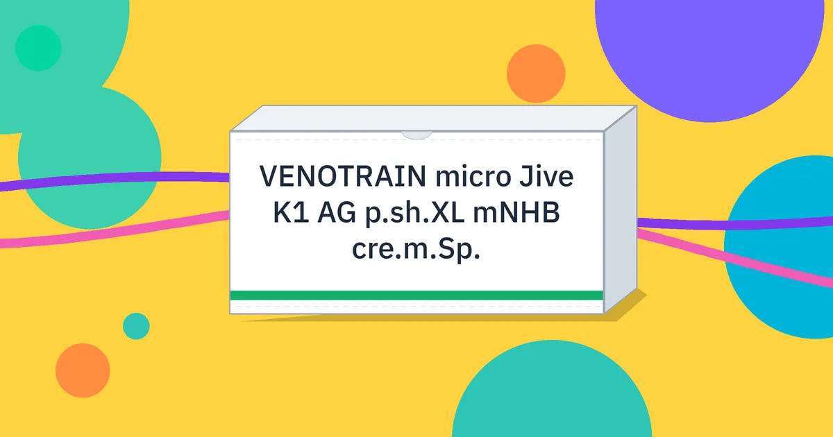 Symbolbild: Packung mit der Aufschrift VENOTRAIN micro Jive K1 AG p.sh.XL mNHB cre.m.Sp. (PZN 17757948) – Verfügbarkeit und Bezug in Apotheken in Frankfurt am Main