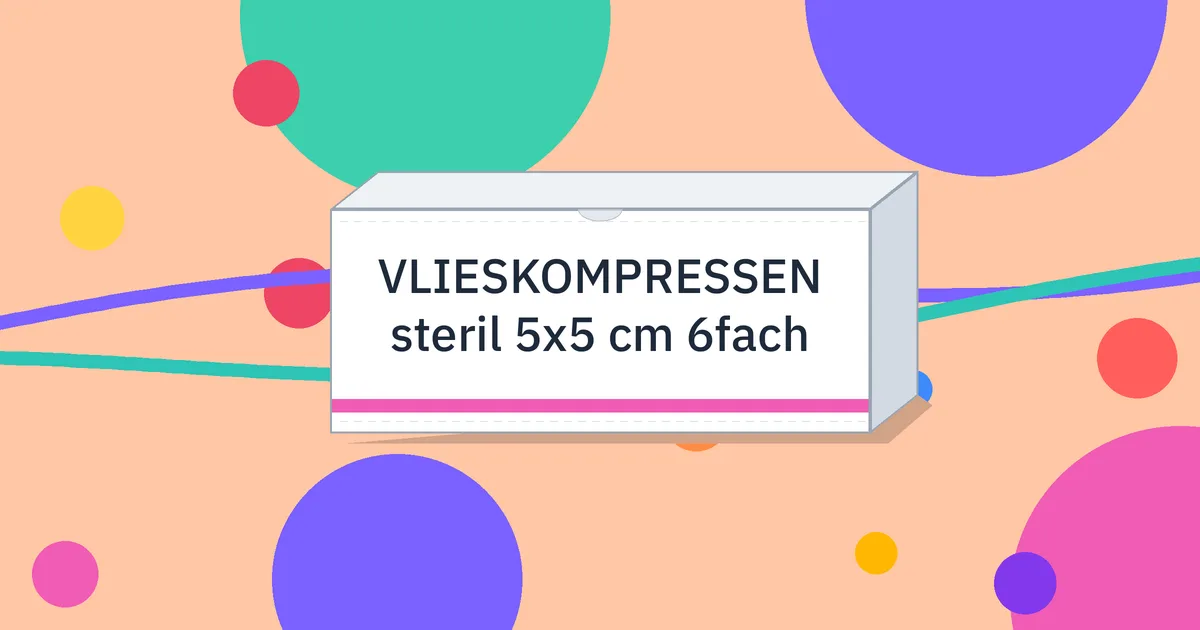 Symbolbild: Packung mit der Aufschrift VLIESKOMPRESSEN steril 5x5 cm 6fach (PZN 18021008) – Verfügbarkeit und Bezug in Apotheken in Frankfurt am Main