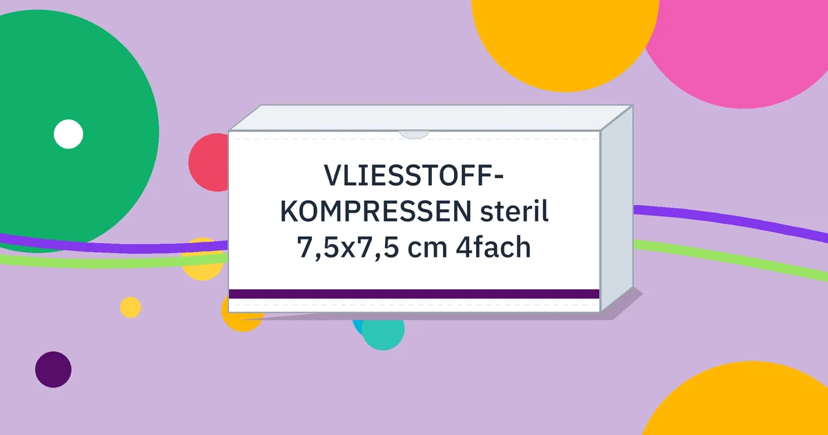 Symbolbild: Packung mit der Aufschrift VLIESSTOFF-KOMPRESSEN steril 7,5x7,5 cm 4fach (PZN 00679316) – Verfügbarkeit und Bezug in Apotheken in Frankfurt am Main