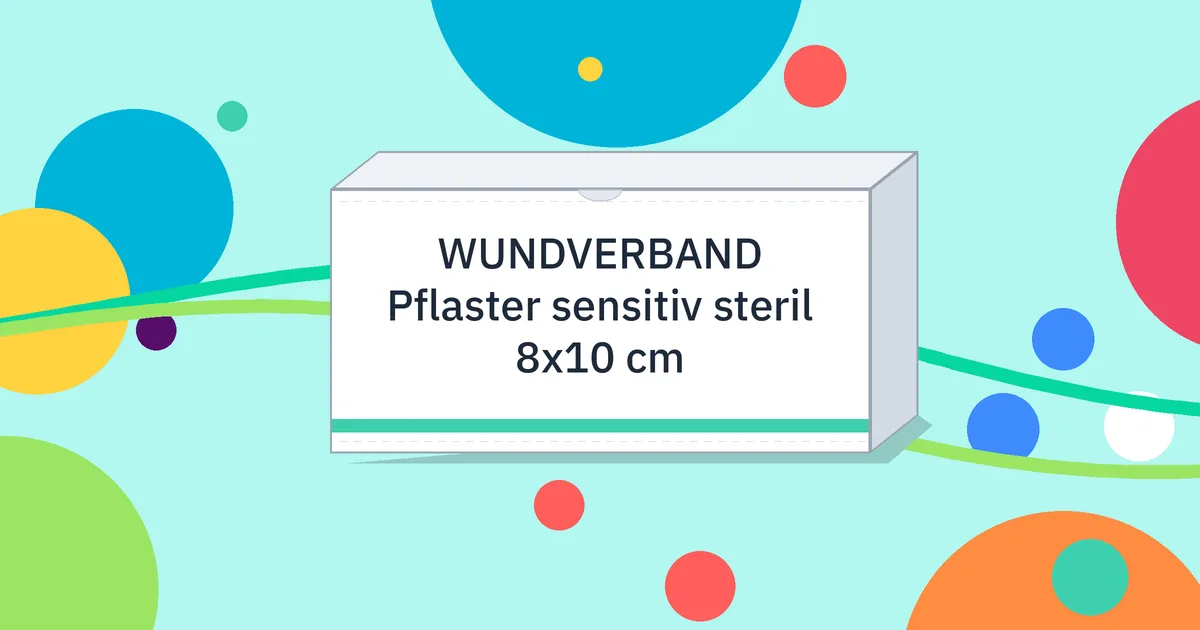 Symbolbild: Packung mit der Aufschrift WUNDVERBAND Pflaster sensitiv steril 8x10 cm (PZN 18663209) – Verfügbarkeit und Bezug in Apotheken in Frankfurt am Main