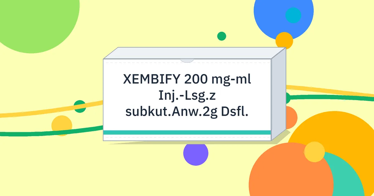 Symbolbild: Packung mit der Aufschrift XEMBIFY 200 mg-ml Inj.-Lsg.z subkut.Anw.2g Dsfl. (PZN 19399105) – Verfügbarkeit und Bezug in Apotheken in Frankfurt am Main