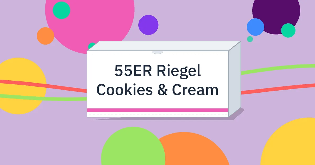 Symbolbild: Packung mit der Aufschrift 55ER Riegel Cookies & Cream (PZN 11222643) – Verfügbarkeit und Bezug in Apotheken in Frankfurt am Main