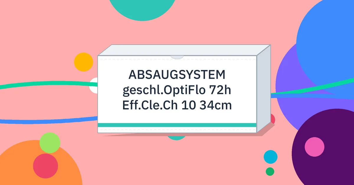 Symbolbild: Packung mit der Aufschrift ABSAUGSYSTEM geschl.OptiFlo 72h Eff.Cle.Ch 10 34cm (PZN 19530634) – Verfügbarkeit und Bezug in Apotheken in Frankfurt am Main