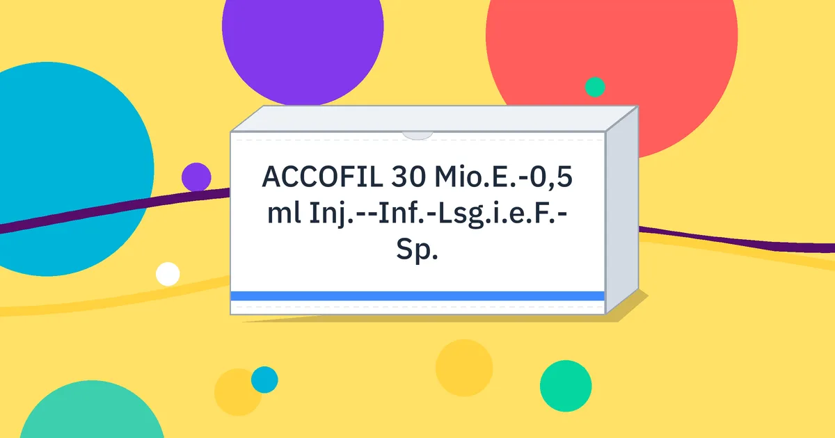 Symbolbild: Packung mit der Aufschrift ACCOFIL 30 Mio.E.-0,5 ml Inj.--Inf.-Lsg.i.e.F.-Sp. (PZN 16782890) – Verfügbarkeit und Bezug in Apotheken in Frankfurt am Main