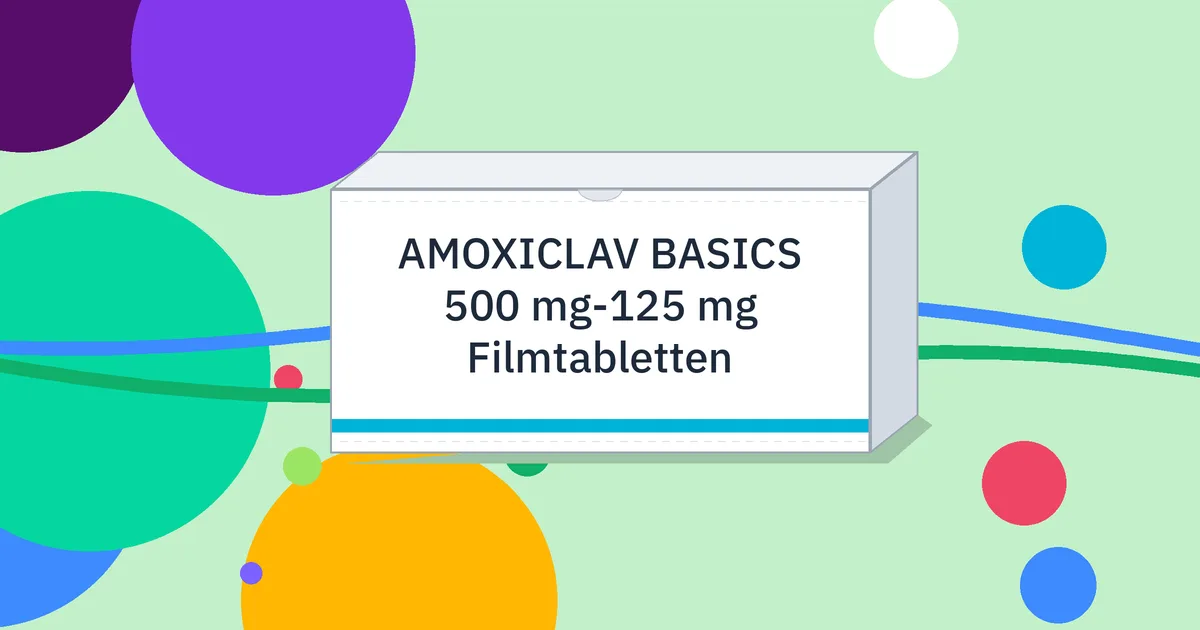 Symbolbild: Packung mit der Aufschrift AMOXICLAV BASICS 500 mg-125 mg Filmtabletten (PZN 02433683) – Verfügbarkeit und Bezug in Apotheken in Frankfurt am Main