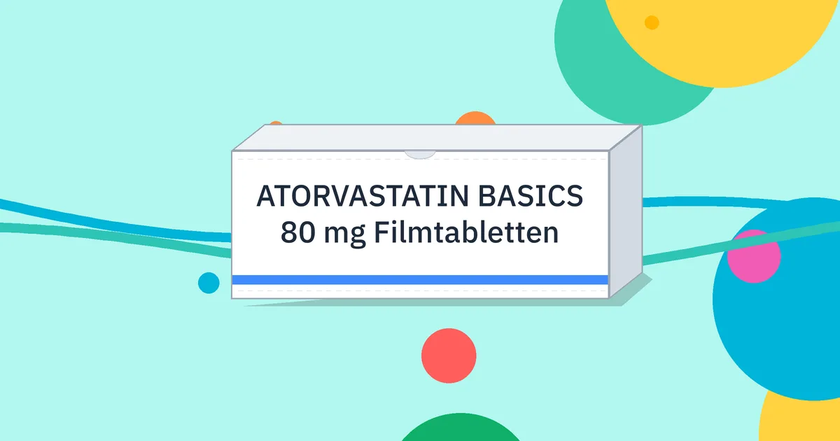 Symbolbild: Packung mit der Aufschrift ATORVASTATIN BASICS 80 mg Filmtabletten (PZN 00524335) – Verfügbarkeit und Bezug in Apotheken in Frankfurt am Main