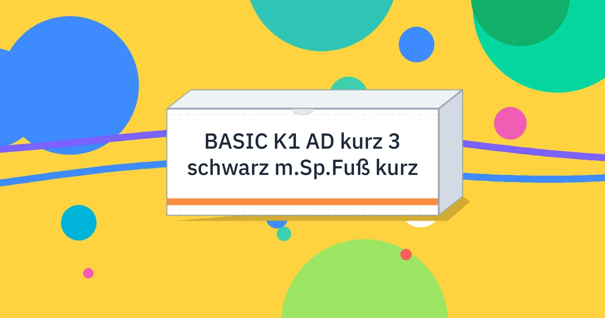 Symbolbild: Packung mit der Aufschrift BASIC K1 AD kurz 3 schwarz m.Sp.Fuß kurz (PZN 20257770) – Verfügbarkeit und Bezug in Apotheken in Frankfurt am Main
