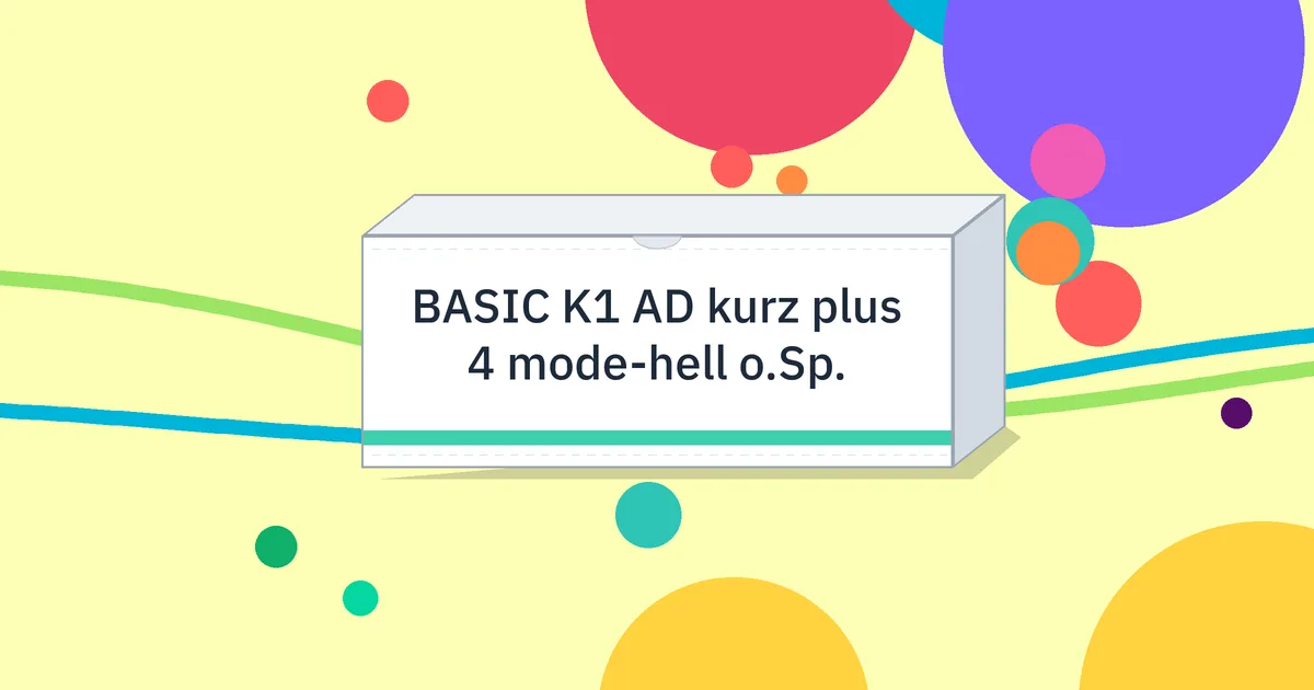 Symbolbild: Packung mit der Aufschrift BASIC K1 AD kurz plus 4 mode-hell o.Sp. (PZN 20258410) – Verfügbarkeit und Bezug in Apotheken in Frankfurt am Main